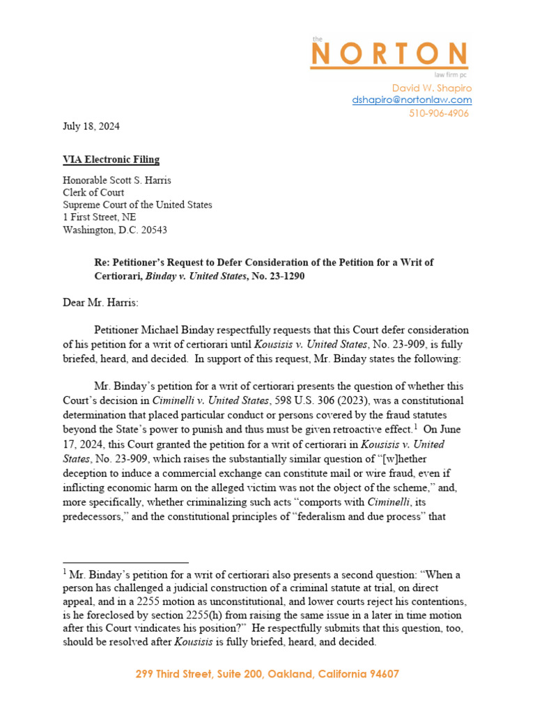 Michael L Binday Letter To Supreme Court RE Deferring Consideration ...