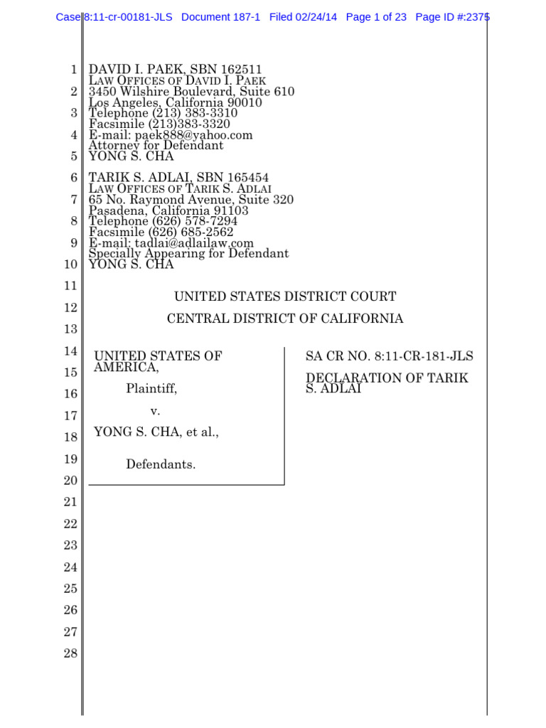 Declaration 1 in Support of Cha 187 Motion For Judgment of Acquittal ...