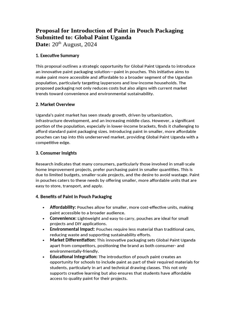 Proposal for Introduction of Paint in Pouch Packag (Global Paint) | PDF | Pricing | Packaging ...