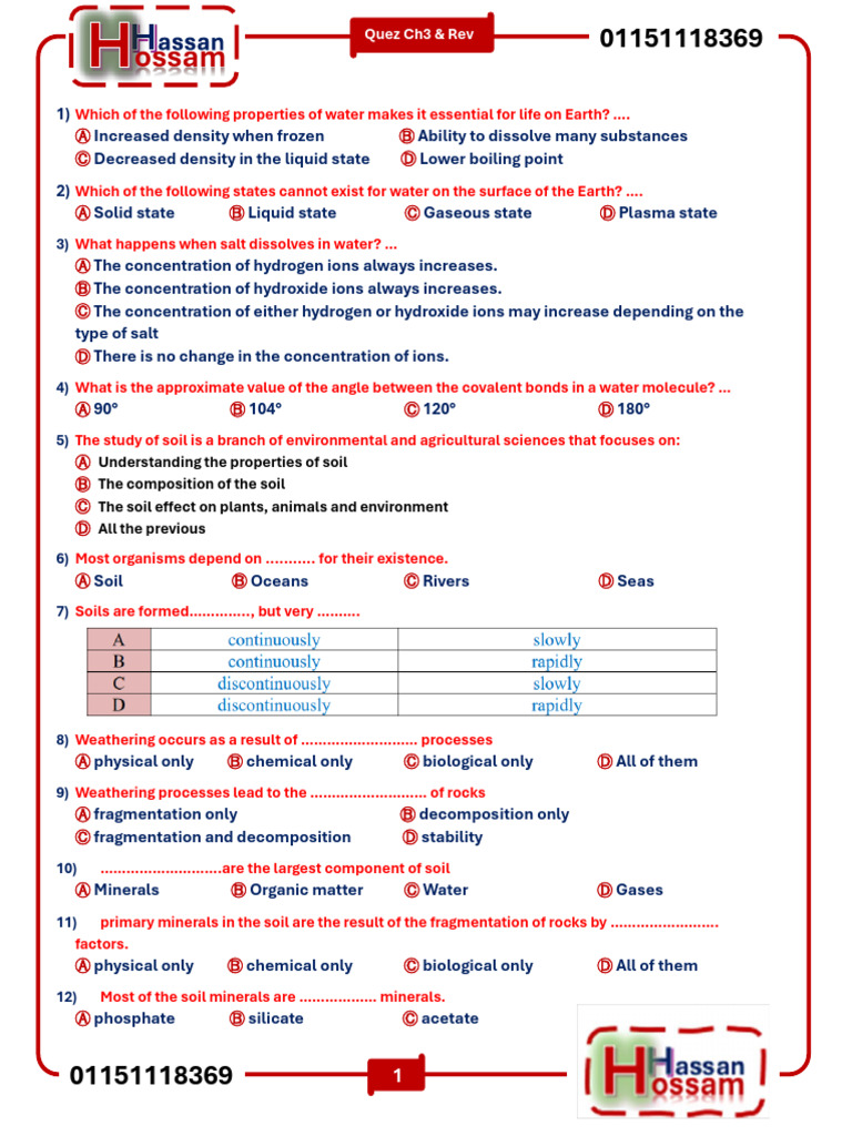Quez On CH3 l1&2 and CH1 l1 | PDF | Soil | Properties Of Water