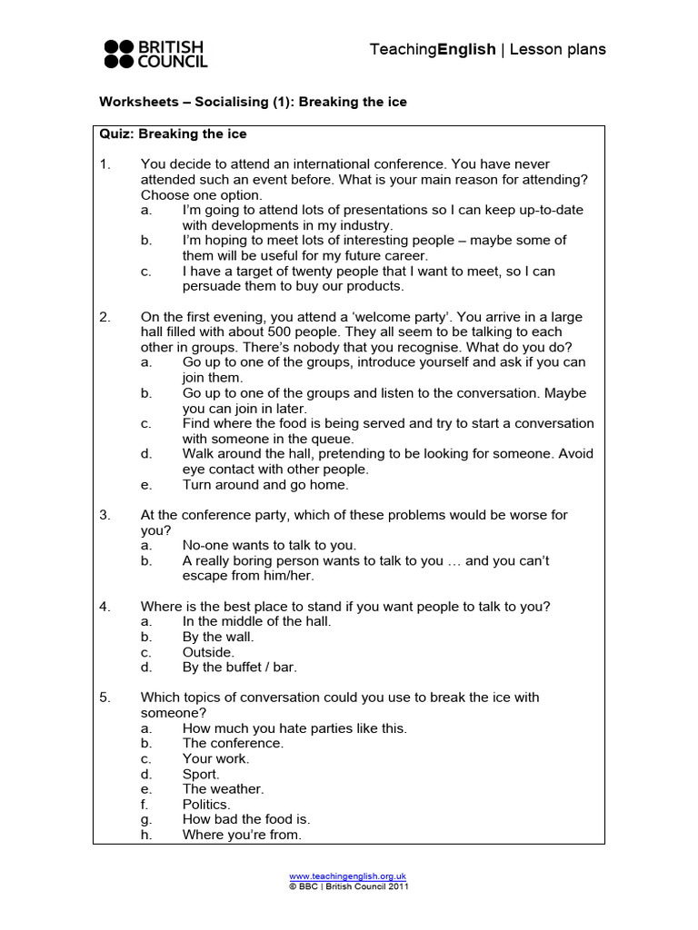 Socialising 1_Breaking the Ice_worksheets JD_0 | PDF | Conversation