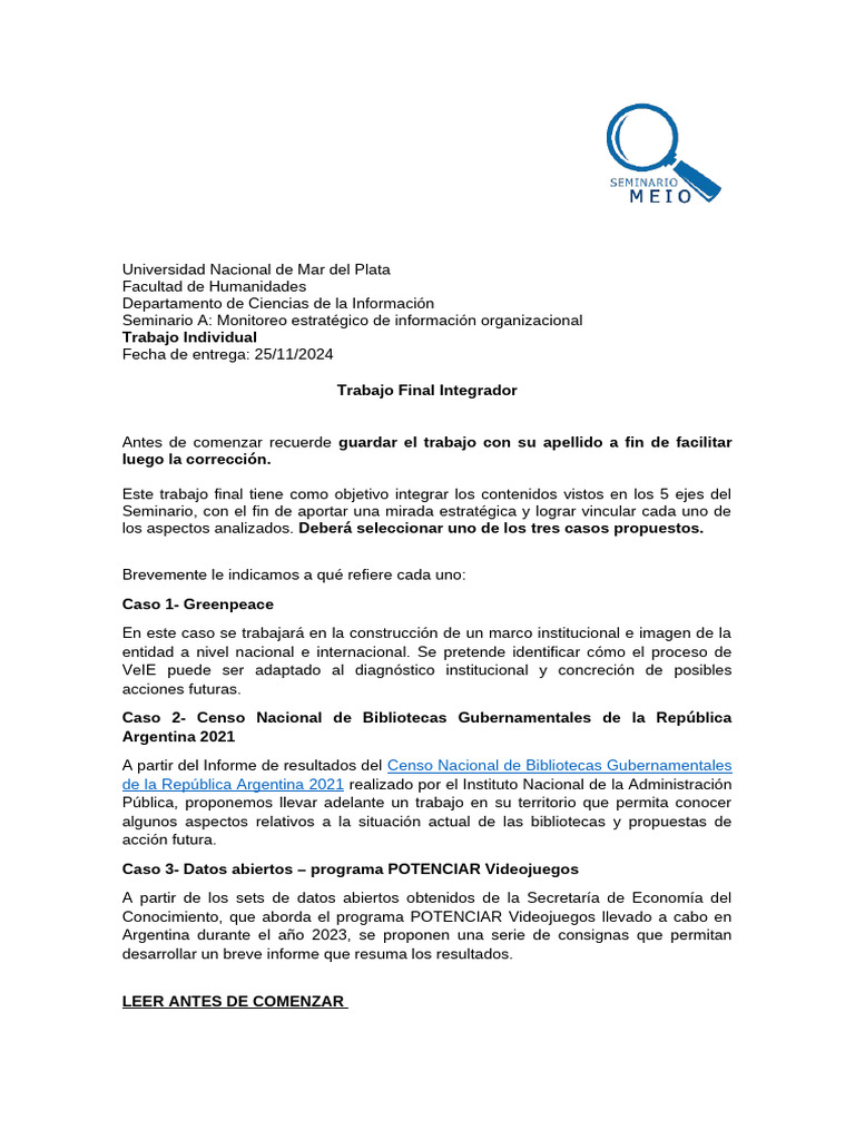 SEMINARIO a Consigna General Trabajo Integrador 2024 | PDF | Infografia | Información