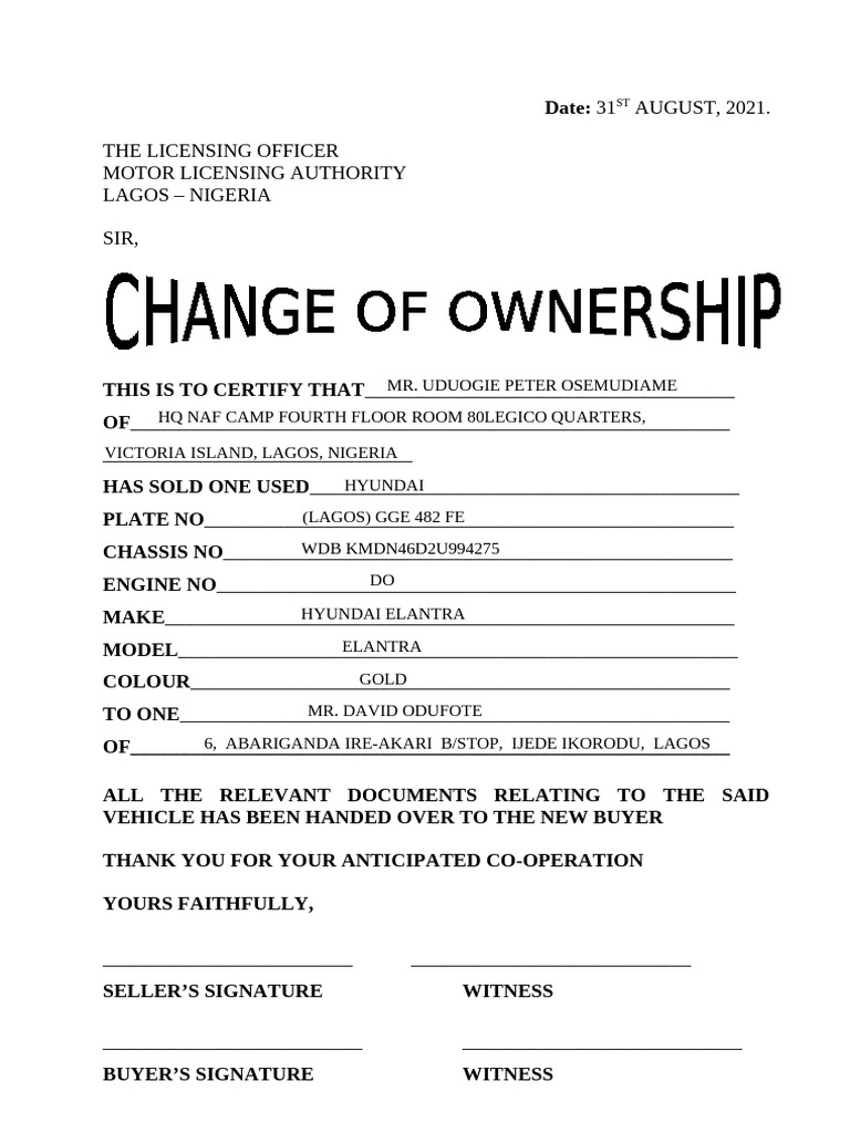 Vehicle Ownership Transfer Certificate | PDF