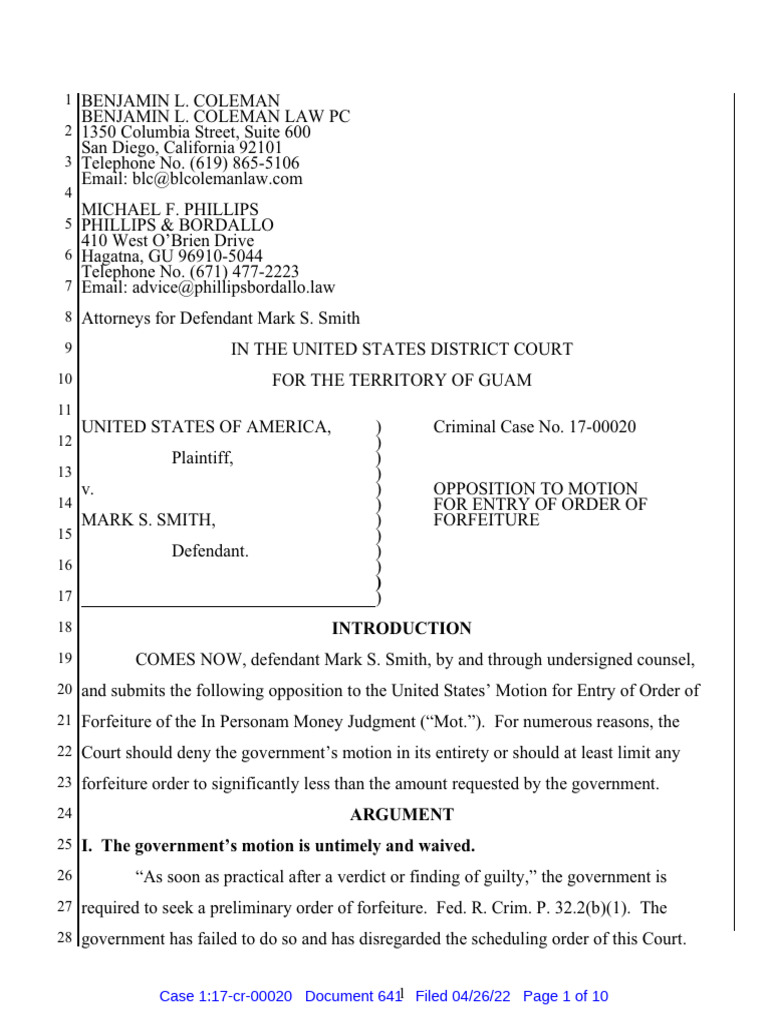 Smith - 641 - Opposition to Order of Forfeiture | PDF | Apprendi V. New ...