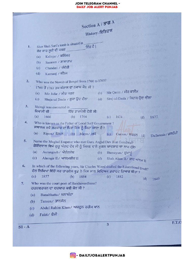 Punjab Master Cadre SST Question Paper 2022 | PDF