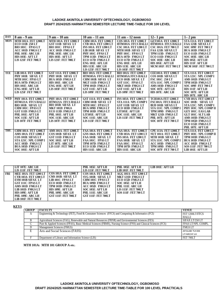 1 Draft - 100 - Level - 2024 - 2025 - Harmattan - Semester - Lecture - Time - Table | PDF