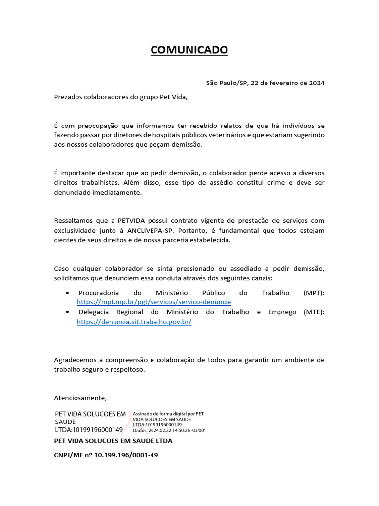 COMUNICADO PETVIDA Aos Funcionários - v2 | PDF