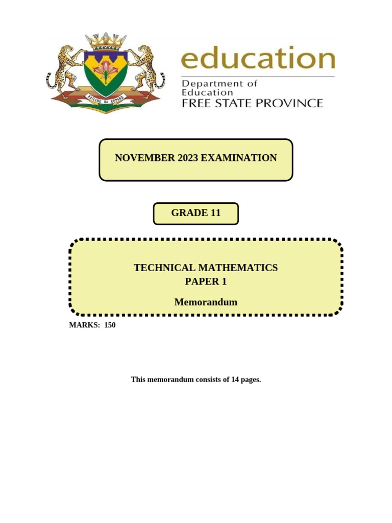 Grade 11 Technical Mathematics Memo Nov 2023 | PDF | Mathematics