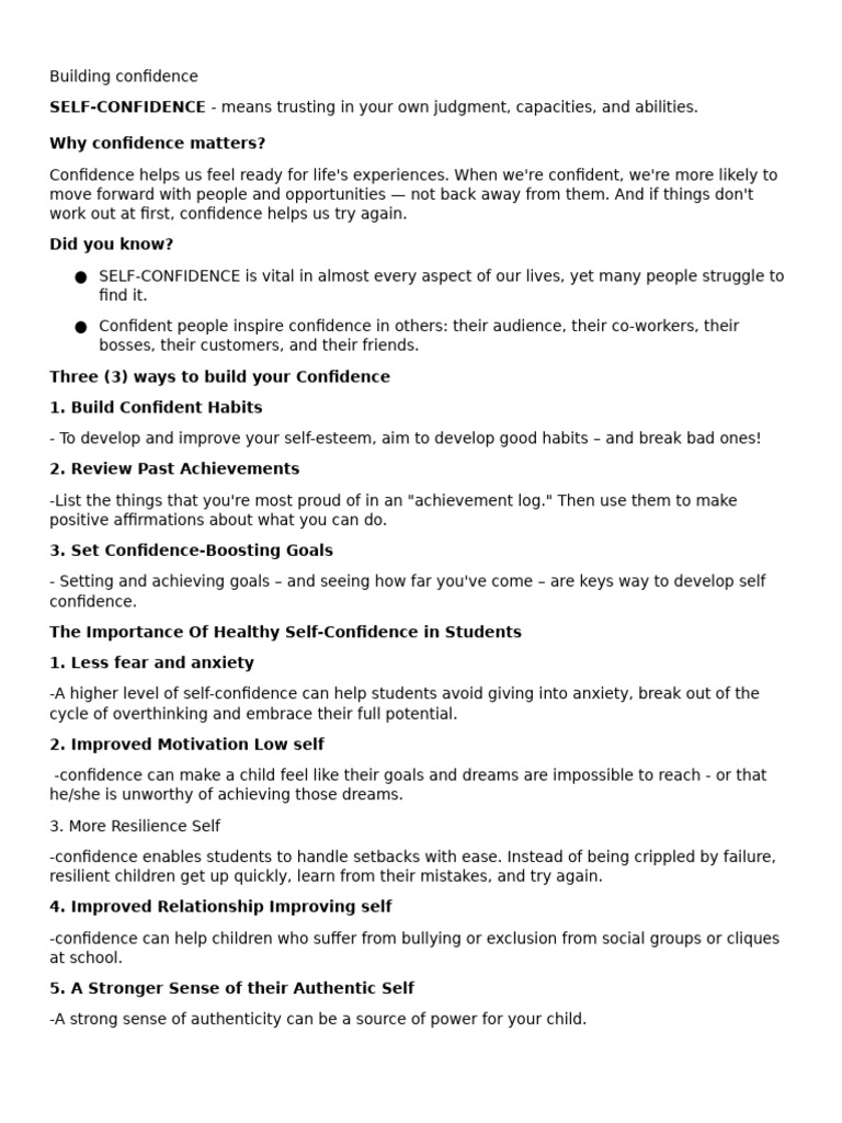 Building Confidence Notes | PDF | Cognition | Psychology