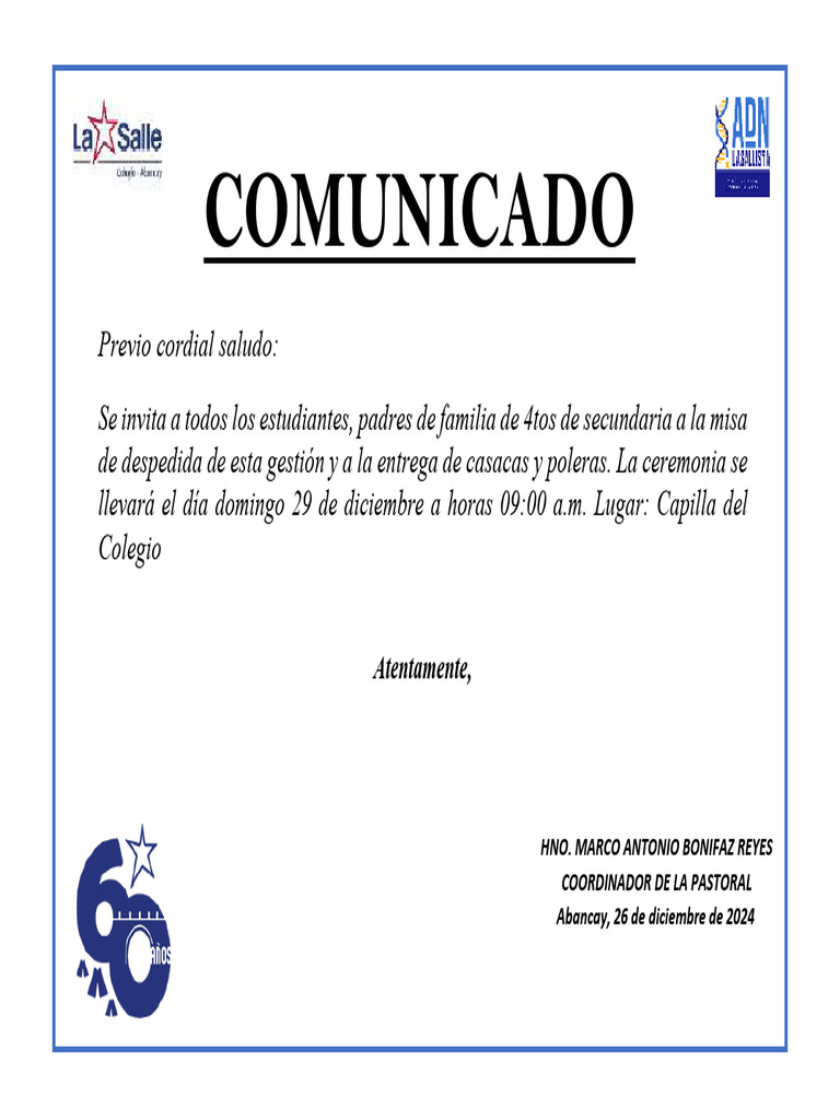 COMUNICADO MISA PROMO 2025 | PDF