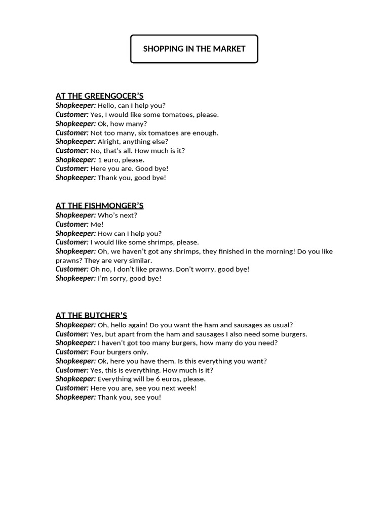 Shopping in The Market Dialogues Conversation Topics Dialogs 73128 | PDF