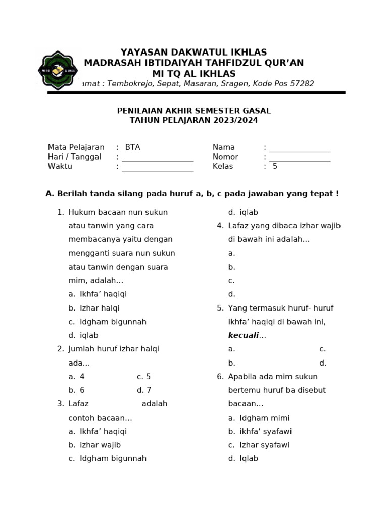 SOAL PAS BTA KELAS 5 | PDF