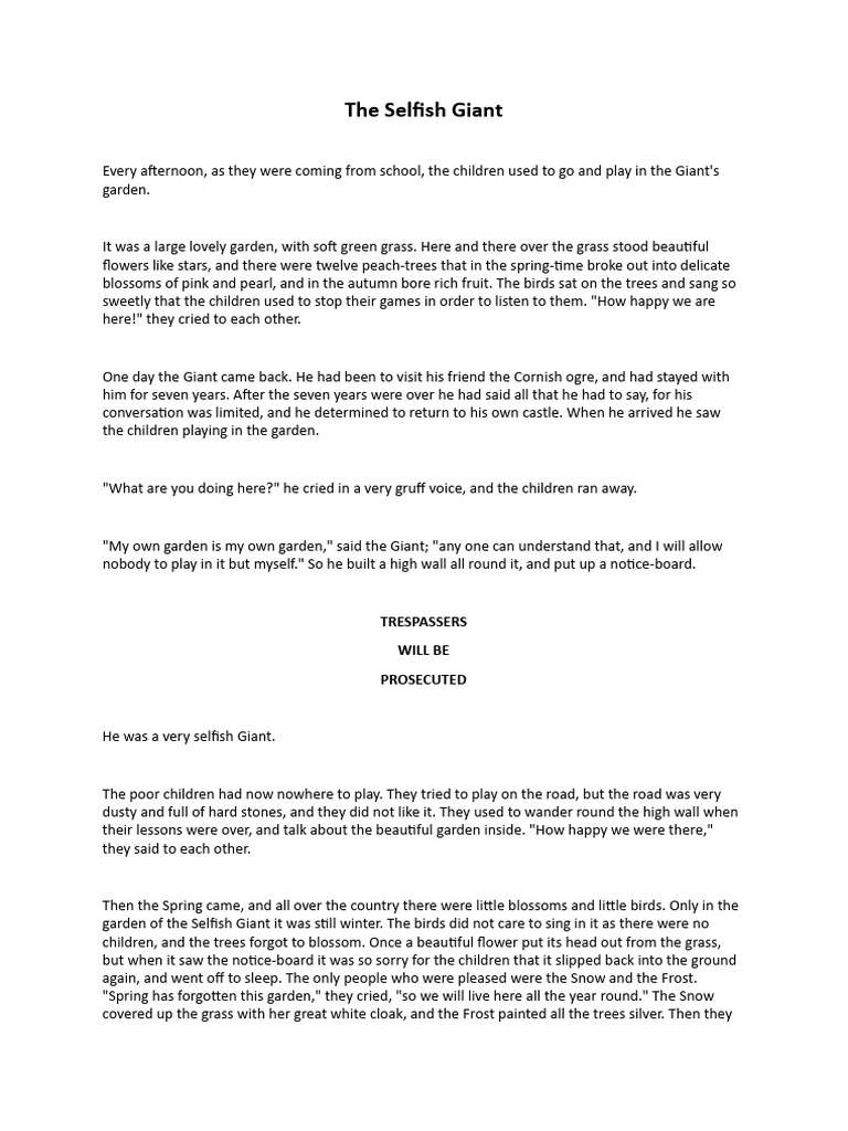 The-Selfish-Giant | PDF | The Happy Prince And Other Tales