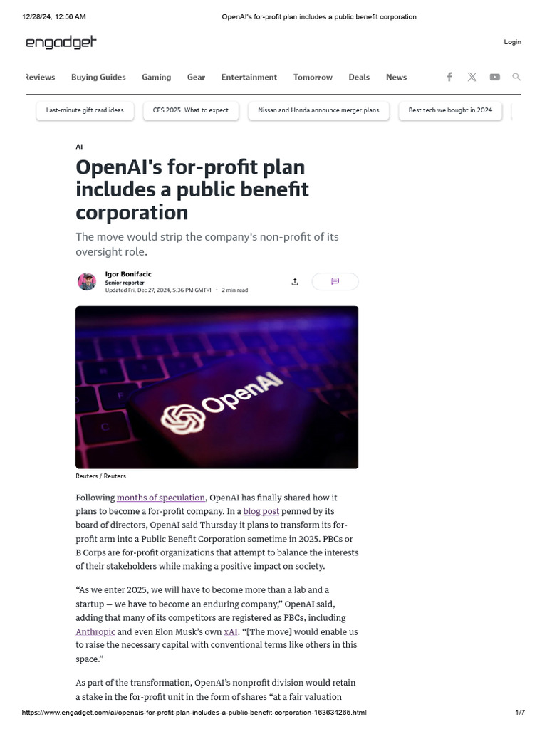 OpenAI's For-Profit Plan Includes A Public Benefit Corporation | PDF ...