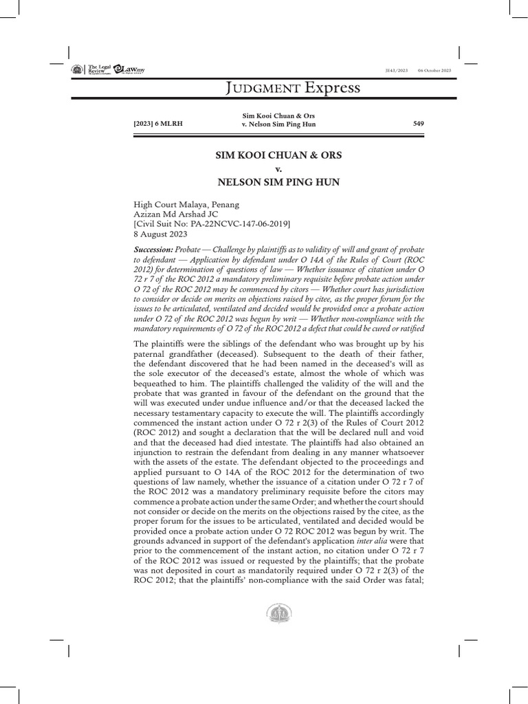 SIM KOOI CHUAN & ORS v. NELSON SIM PING HUN | PDF | Probate | Estoppel