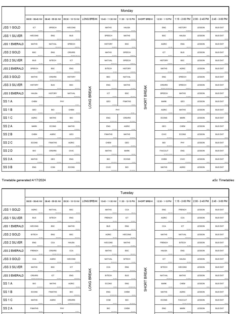 School Timetable for April 2024 | PDF