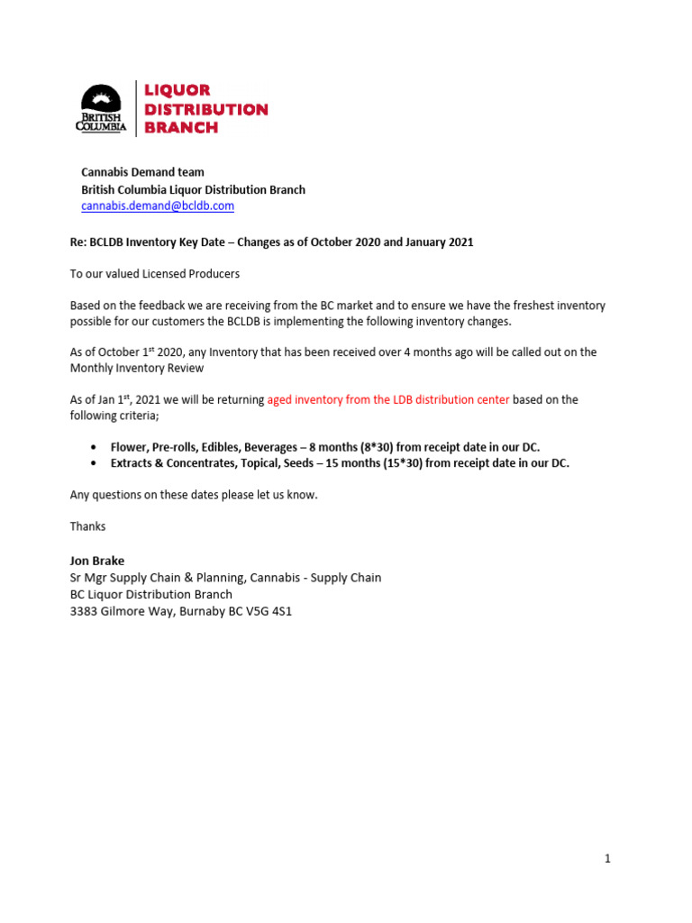 BCLDB Inventory Key Date Changes Oct2020 and Jan2021 | PDF