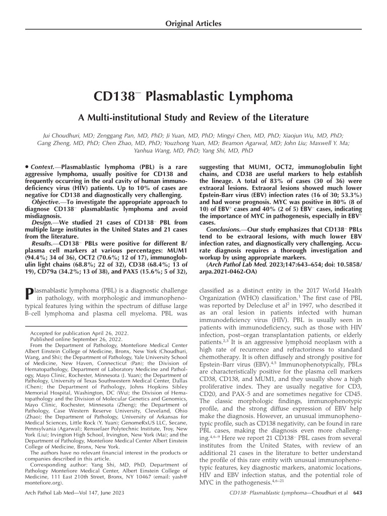 CD138 Plasmablastic Lymphoma | PDF | Multiple Myeloma | Diseases And ...