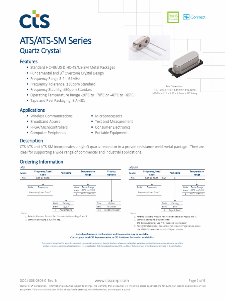 ATS/ATS-SM Quartz Crystal Datasheet | PDF | Electrical Engineering ...