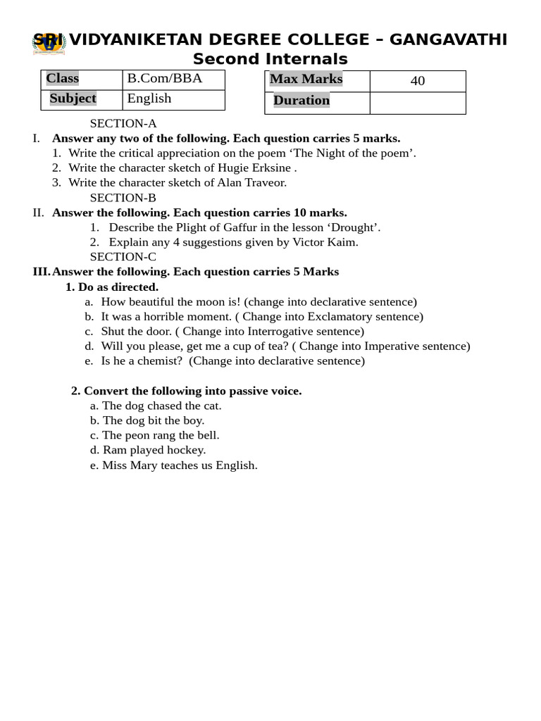 BcomBBA SEM 1 2nd Internal English | PDF