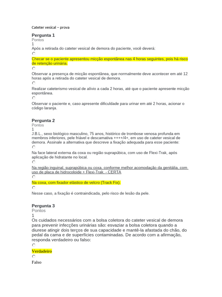 Cateter Vesical - Prova | PDF | Micção | Infecção do trato urinário