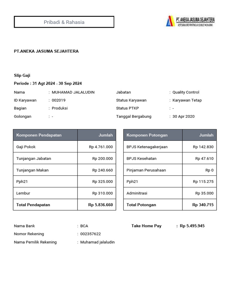 Slip Gaji Muhamad Jalaludin Sep 2024 | PDF
