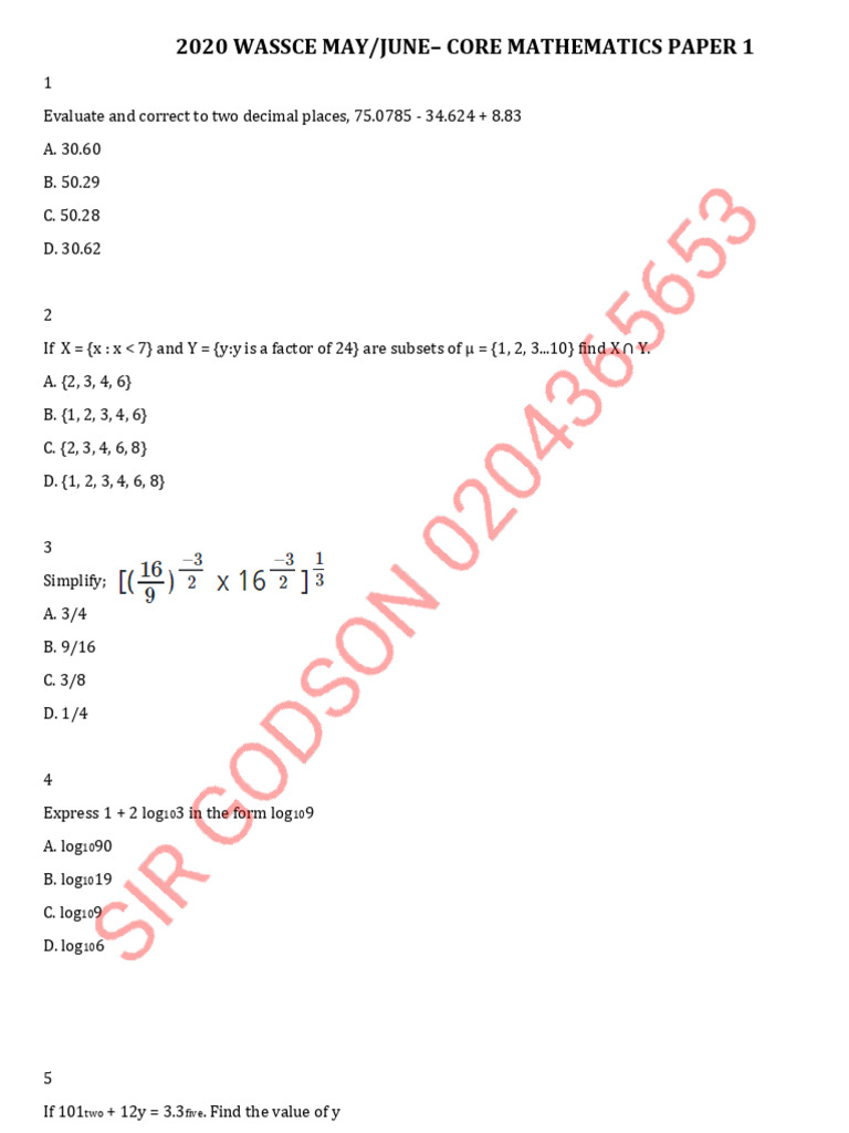 2020 WASSCE Core Maths Paper 1 Questions | PDF | Mathematics