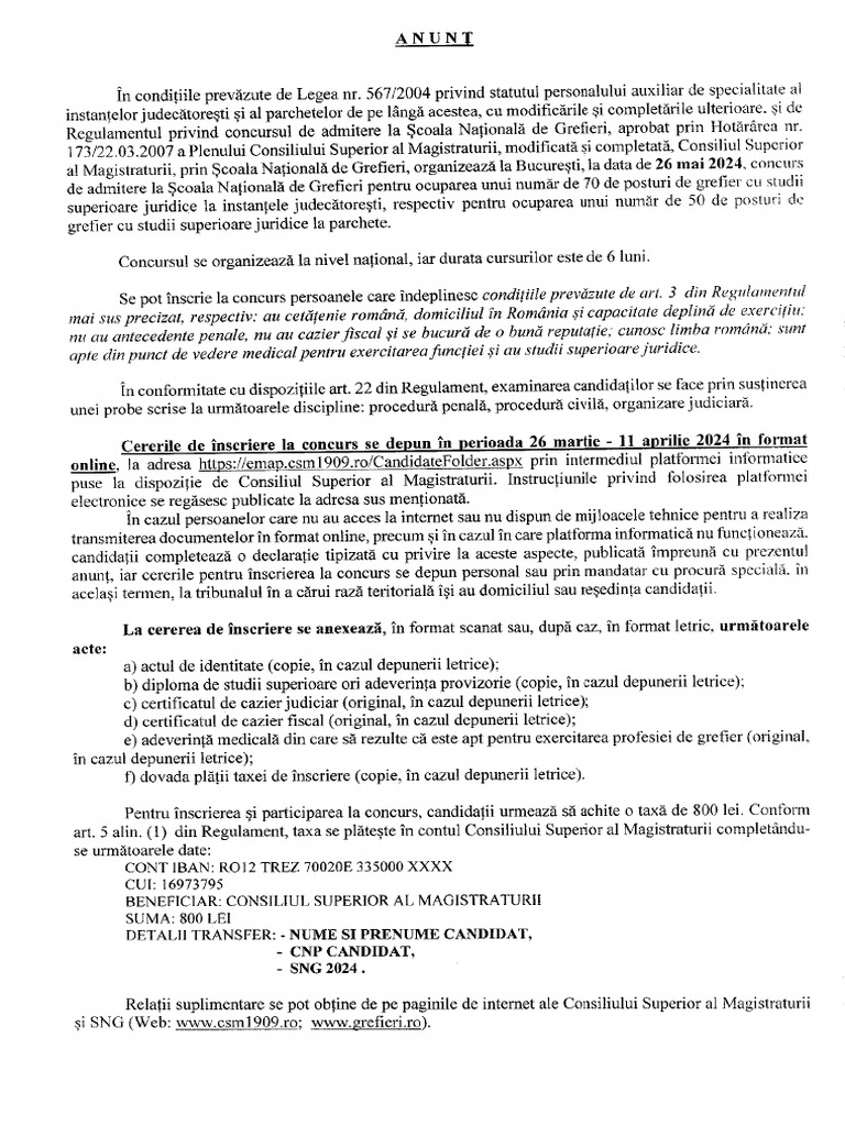 Anuntul Privind Concursul de Admitere La Scoala Nationala de Grefieri ...