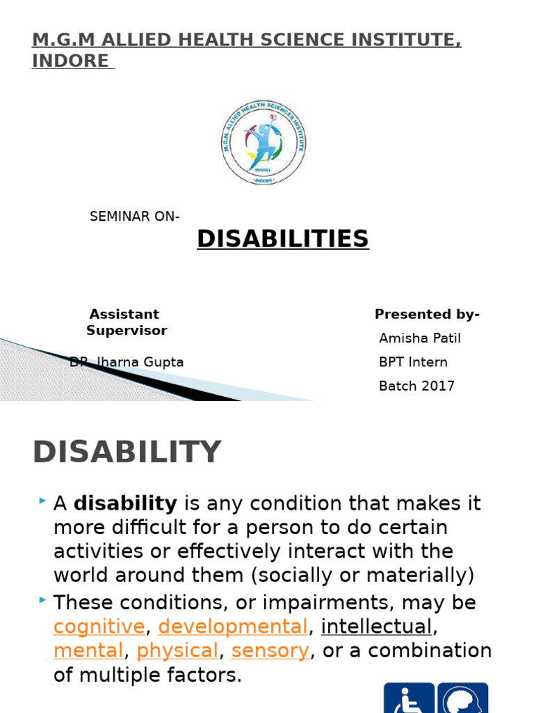 Disabilities Presentation by Amisha Patil Mahsi | PDF | Disability | Physical Therapy