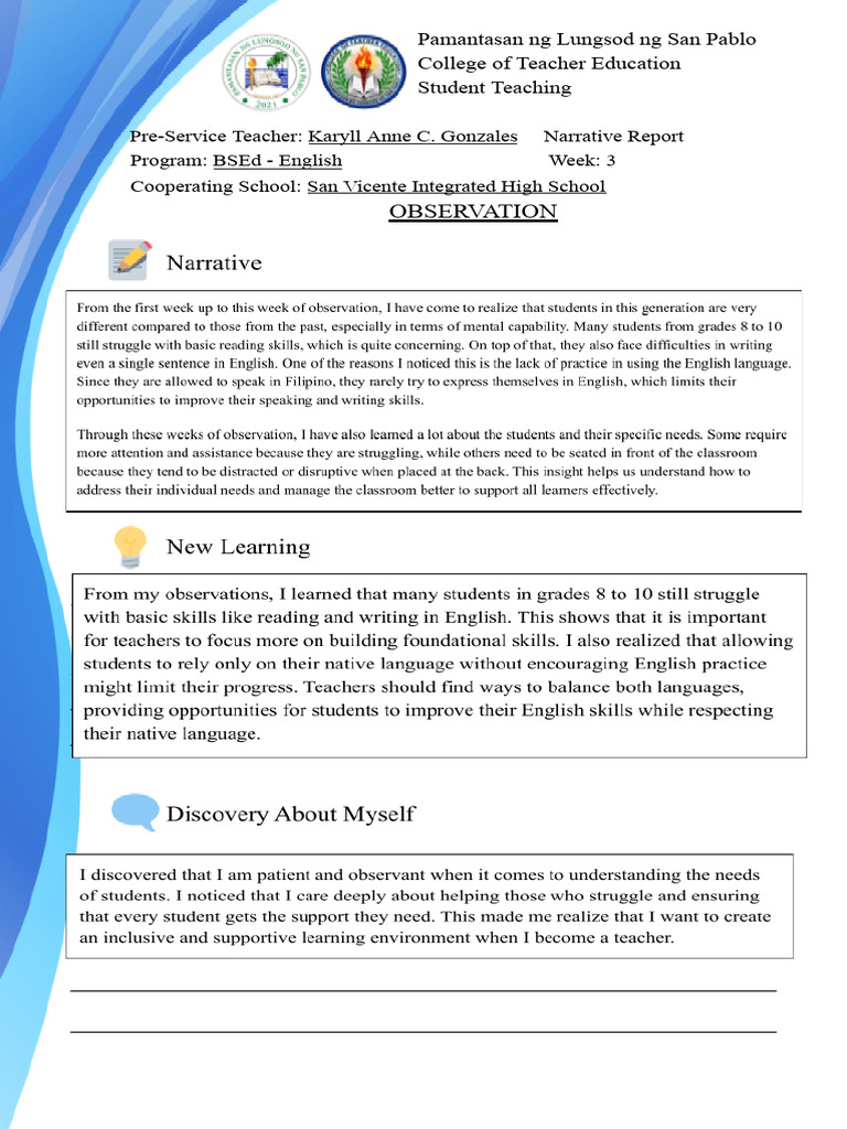 Observation Narrative Week 3 | PDF