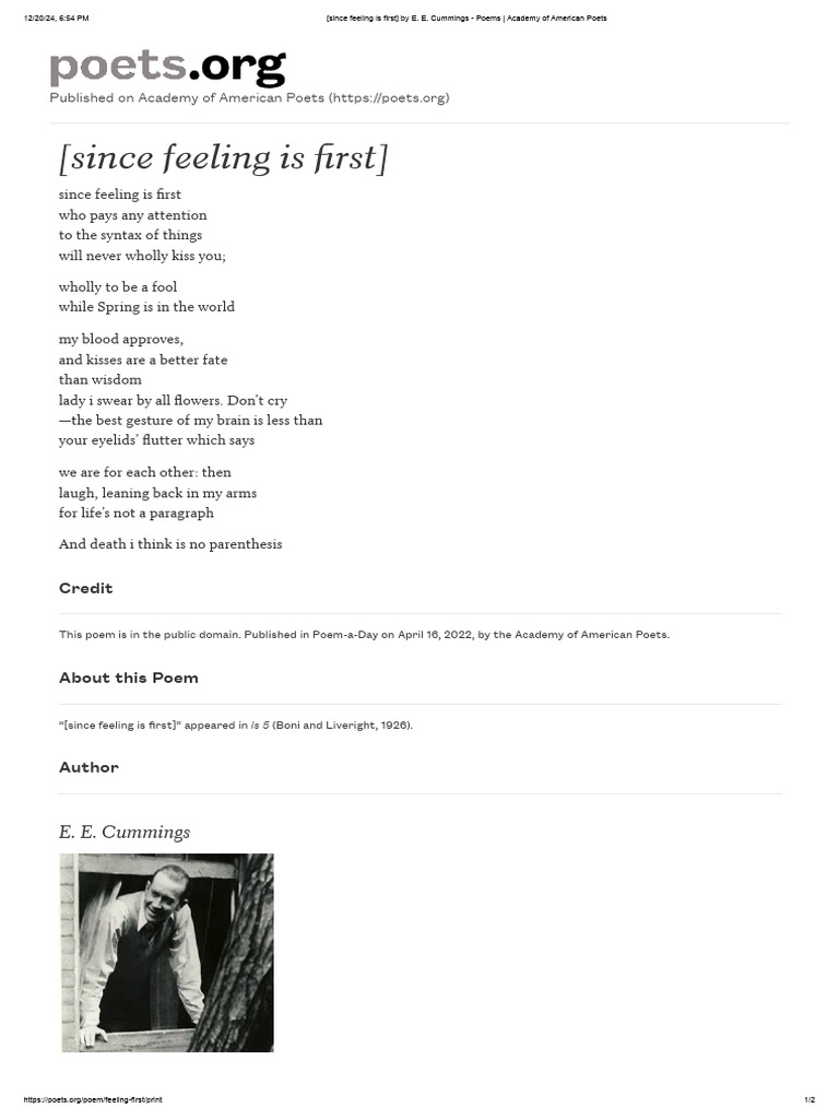 E. E. Cummings' Poem "since feeling is first" | PDF