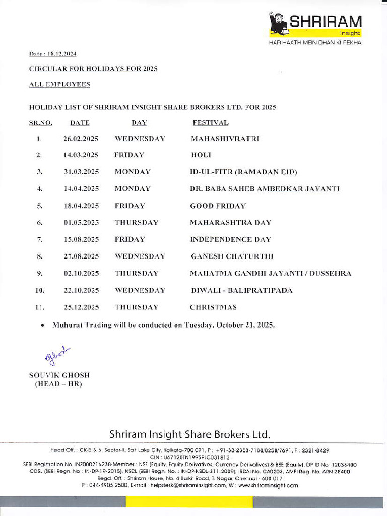 SISBL - Holiday List 2025 | PDF