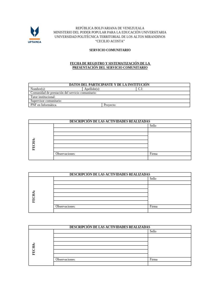 Registro de Bitácora de Servicio Comunitario | PDF