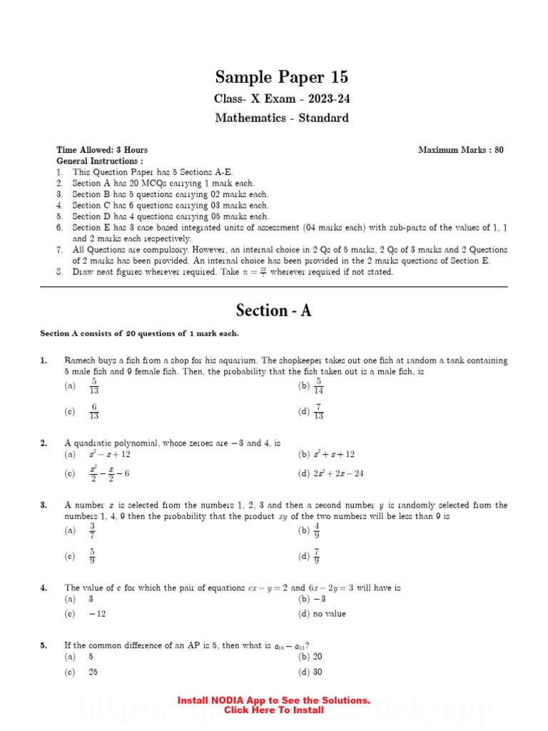 MA Sample Paper 15 Unsolved | PDF | Circle | Elementary Mathematics