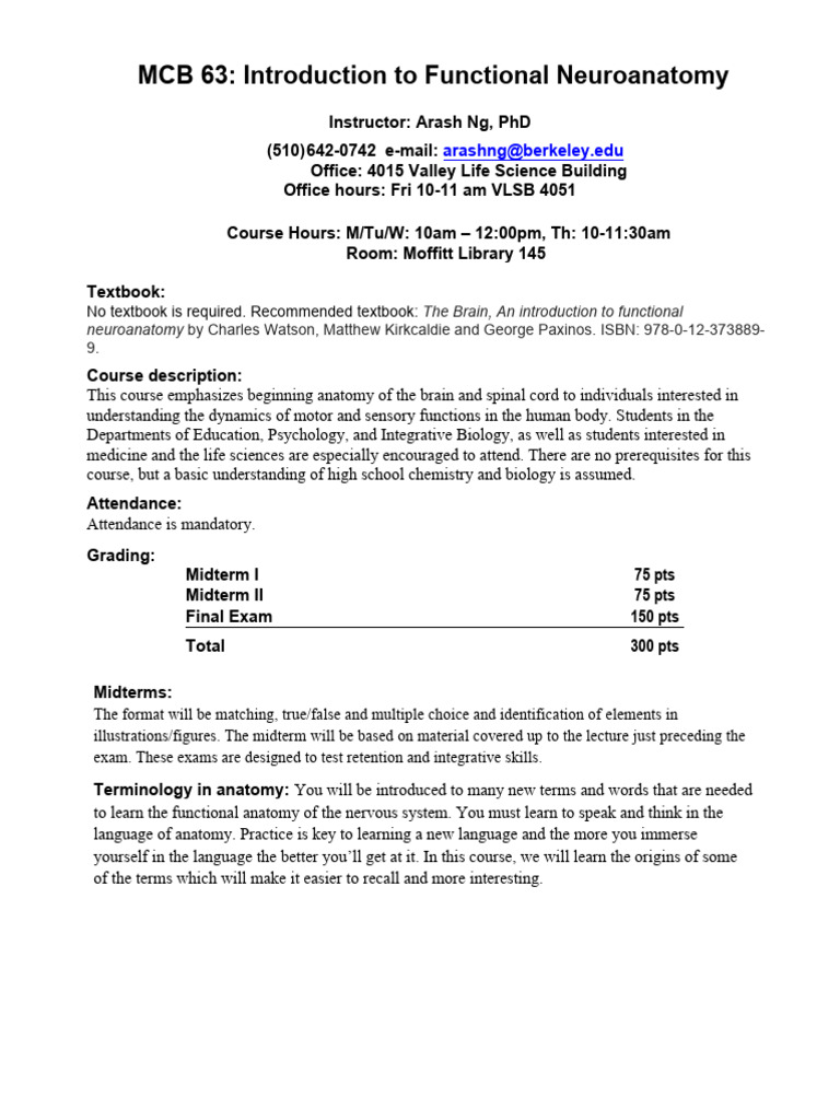 MCB 63 Summer 19 Syllabus | PDF | Nervous System | Neuroanatomy