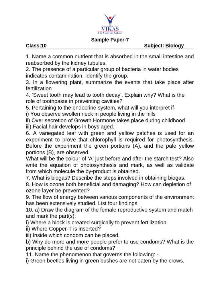 Class 10 - Biology - Sample Papers-7&8 | PDF | Plants | Photosynthesis