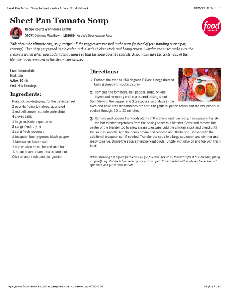 Sheet Pan Tomato Soup Recipe - Kardea Brown - Food Network | PDF | Soup ...