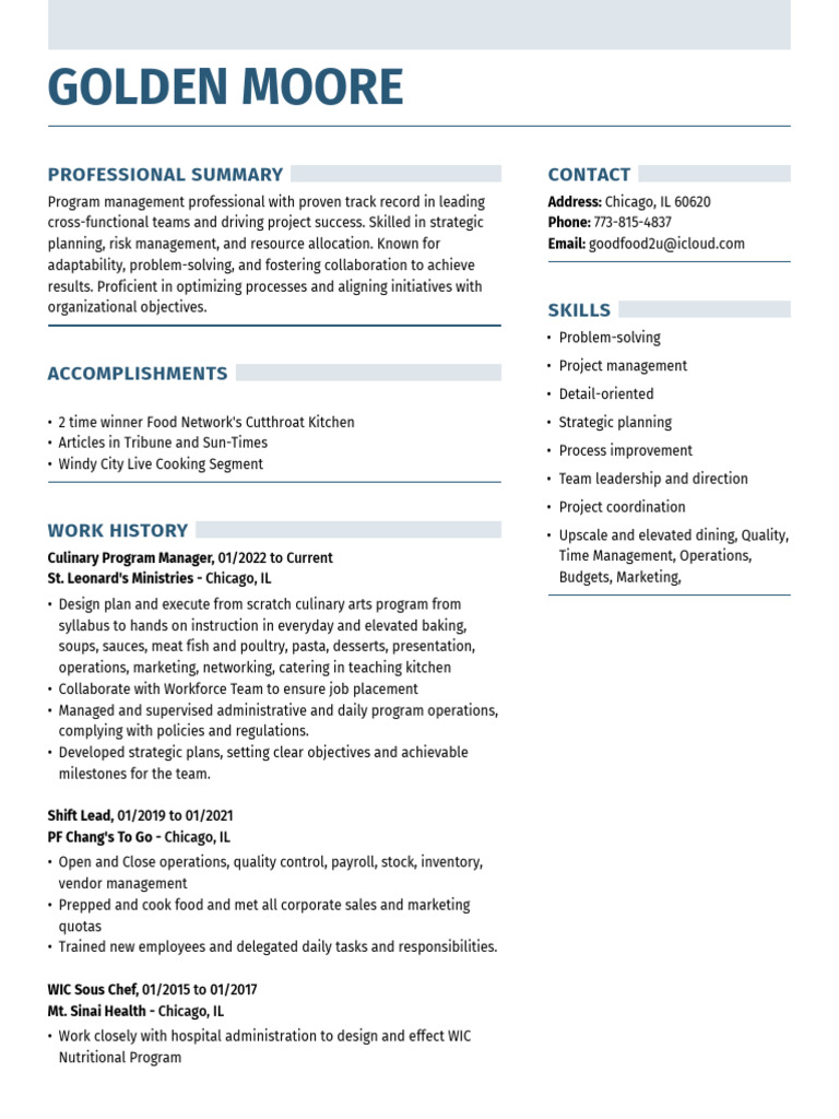 Golden_Moore_Resume_ | PDF | Cooking