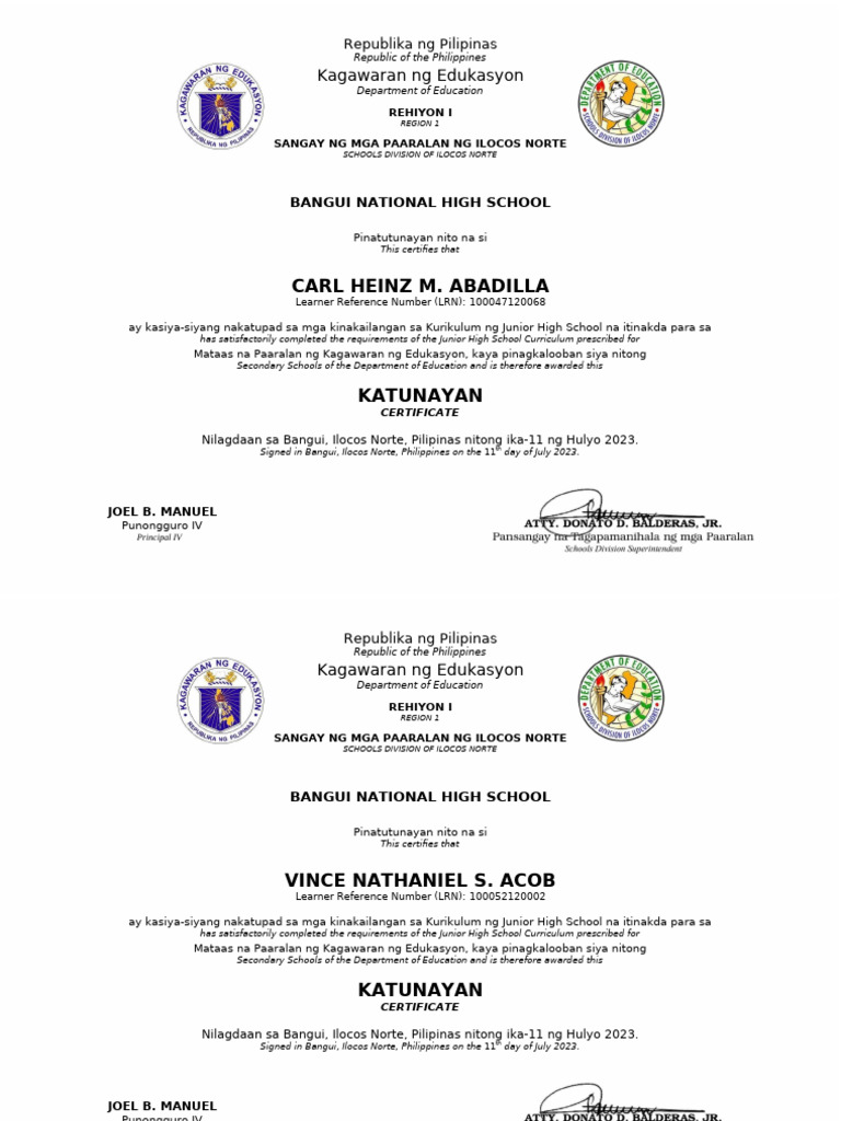 JHS Certificate of Completion SY 2022-2023_G10-Naparabur | PDF
