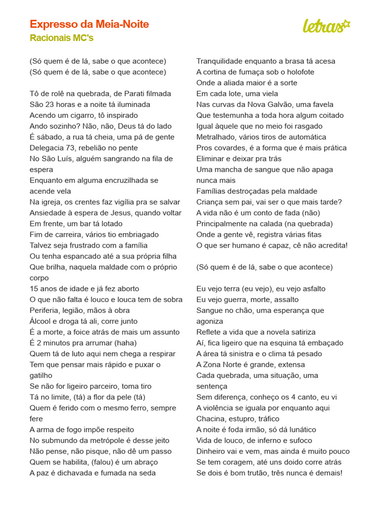 Letra de "Expresso da Meia-Noite" | PDF