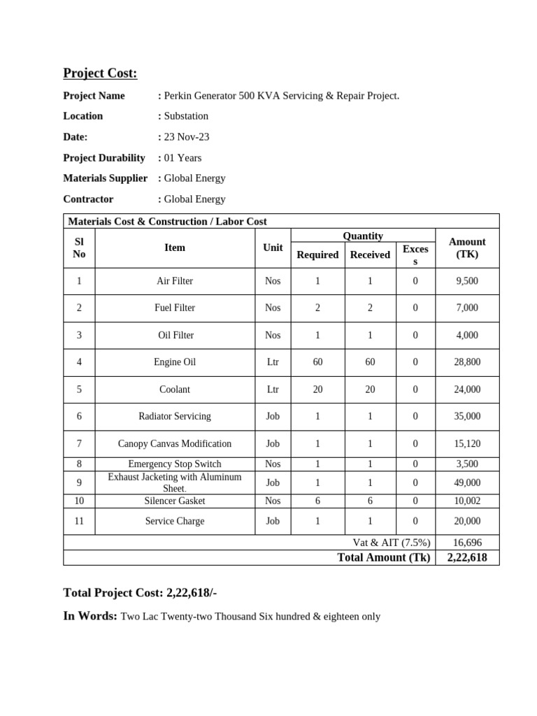 Perkin Generator 500 KVA Servicing & Repair Project Cost | PDF
