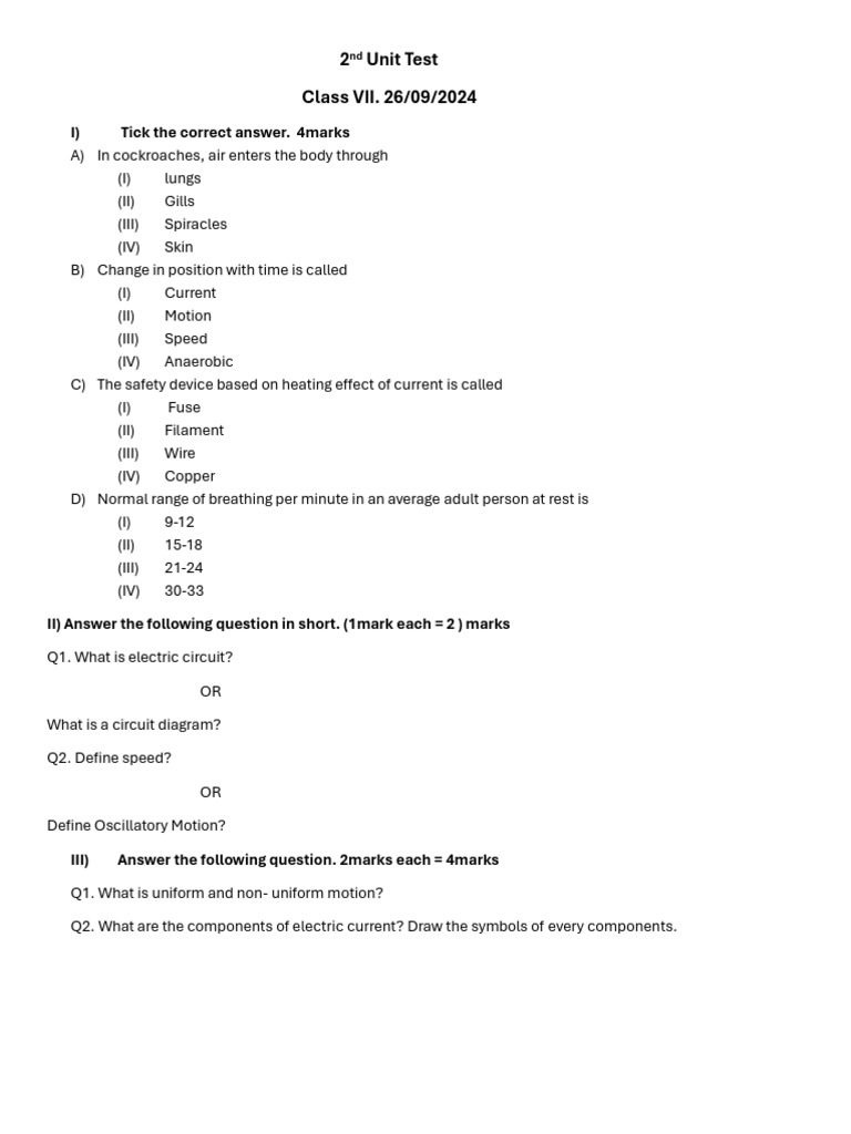 2nd Unit Test Class 7 | PDF