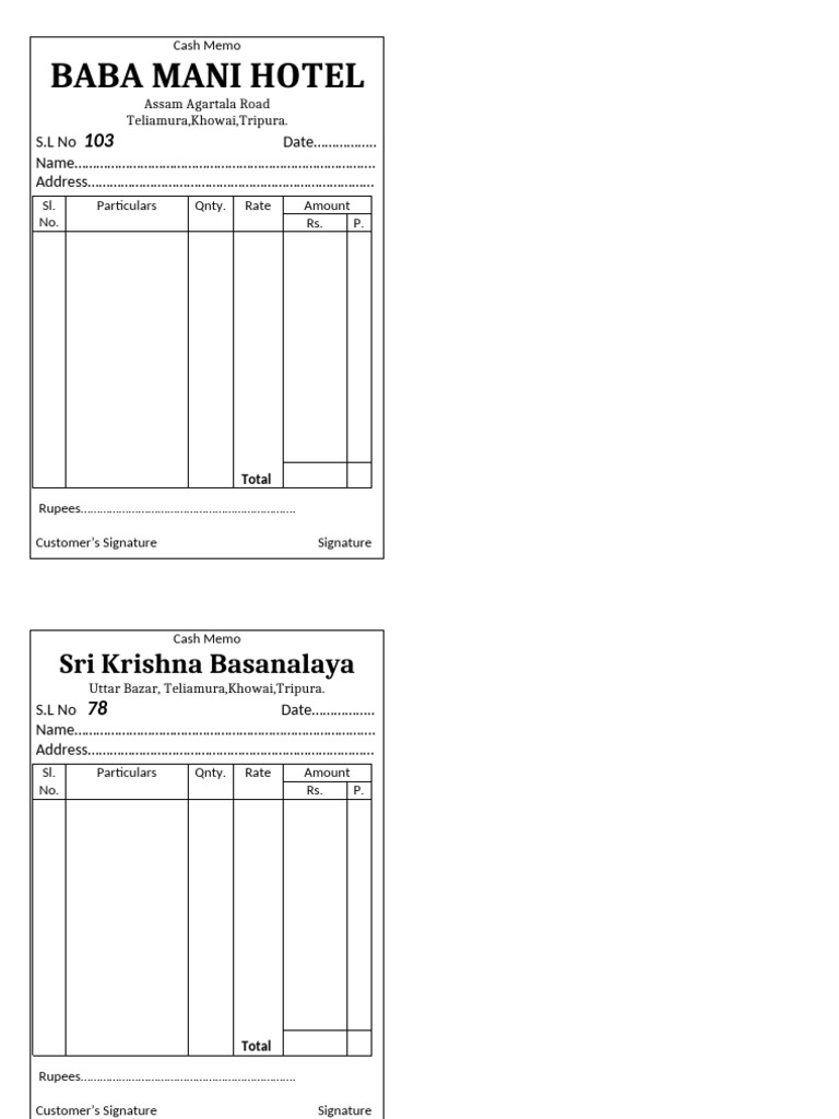Cash Memo Format for Baba Mani Hotel | PDF