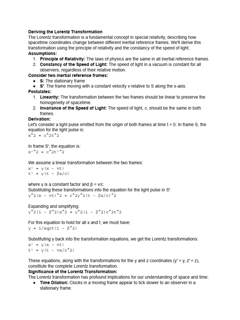 Derive the Lorentz Transformation equation | PDF | Special Relativity ...