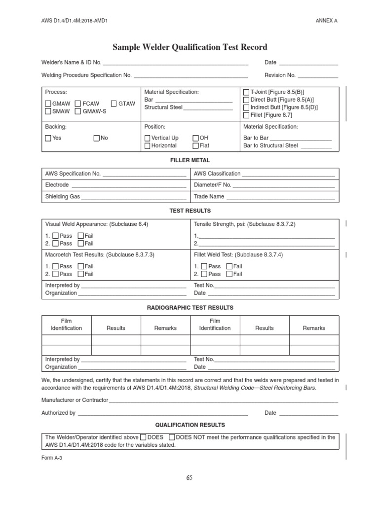 D1.4 D1.4M Form A 3 Sample Welder Qualification Test Record | PDF ...