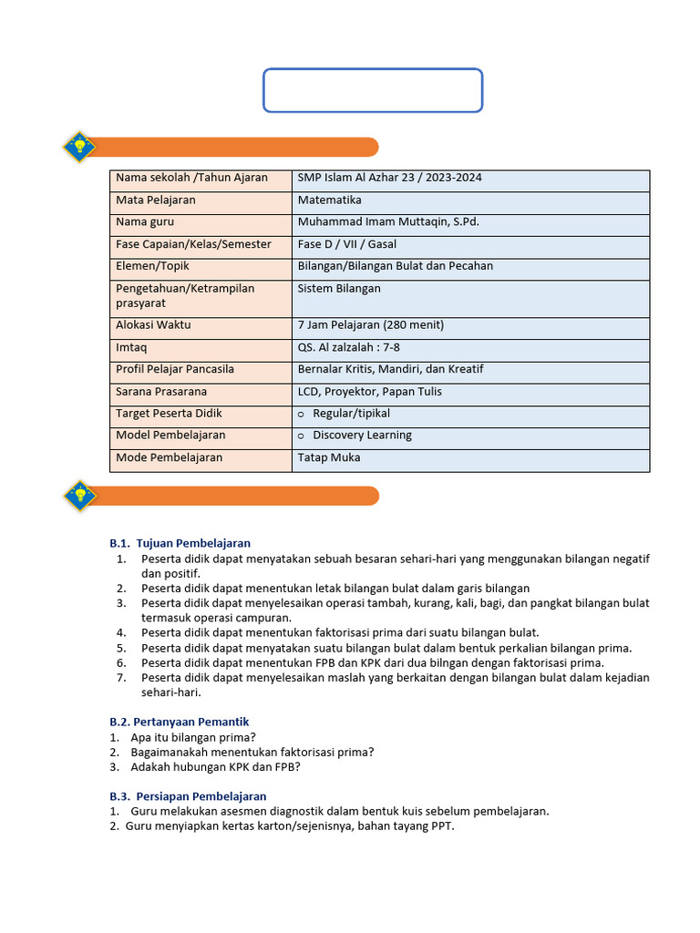 Modul Ajar Matematika Kelas 7 Bab 1 | PDF
