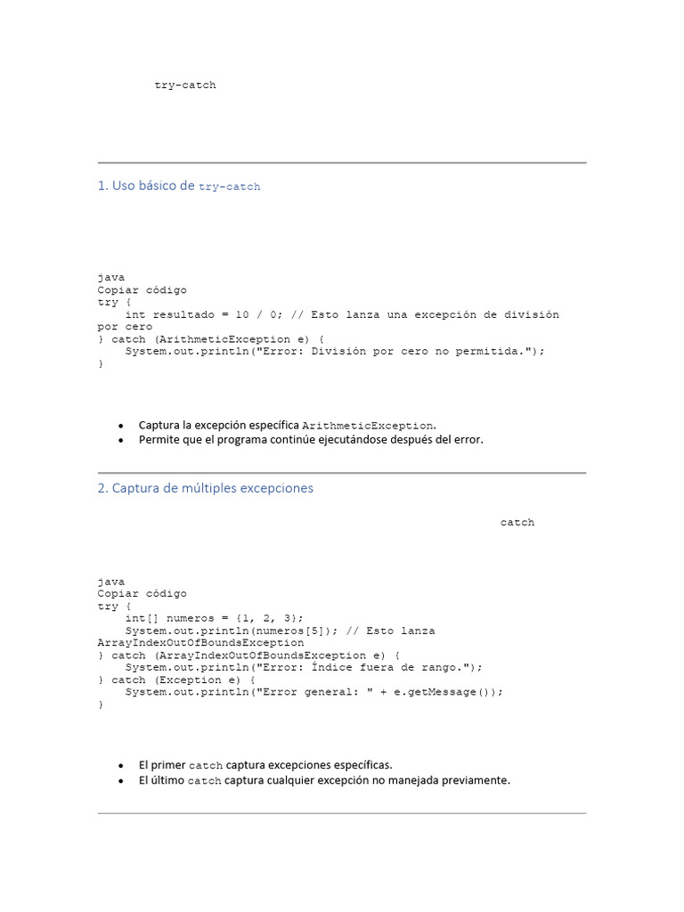 Guía Completa de Try-Catch en Java | PDF | Java (lenguaje de ...