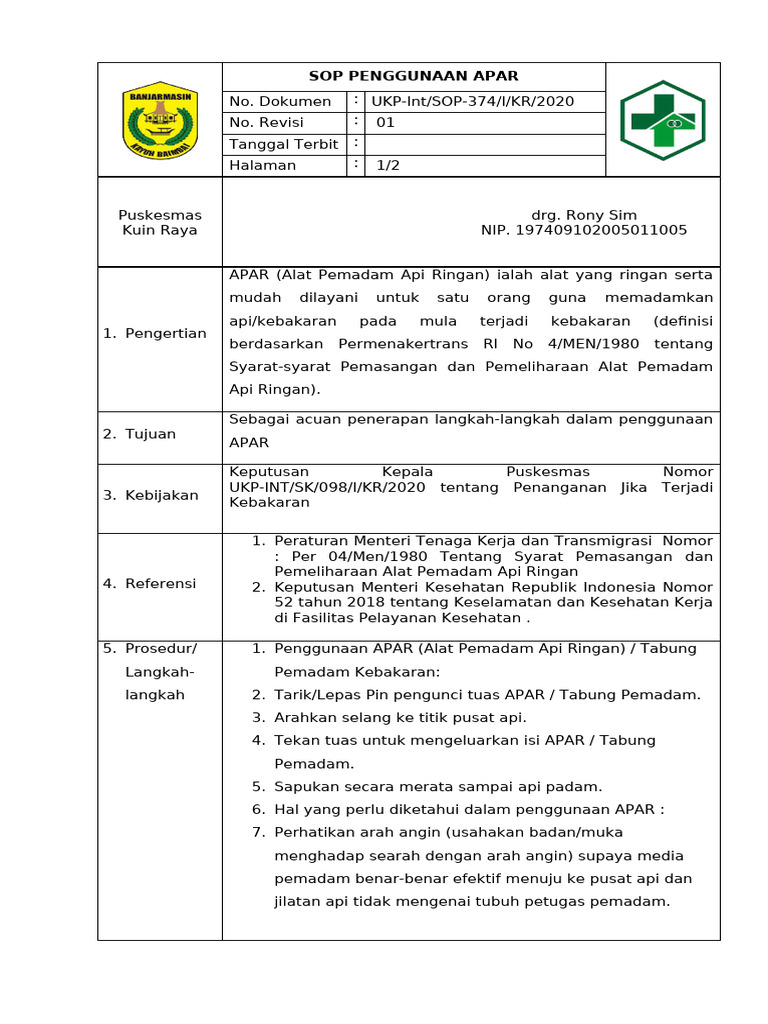 8513 Fix SOP PENGGUNAAN APAR | PDF