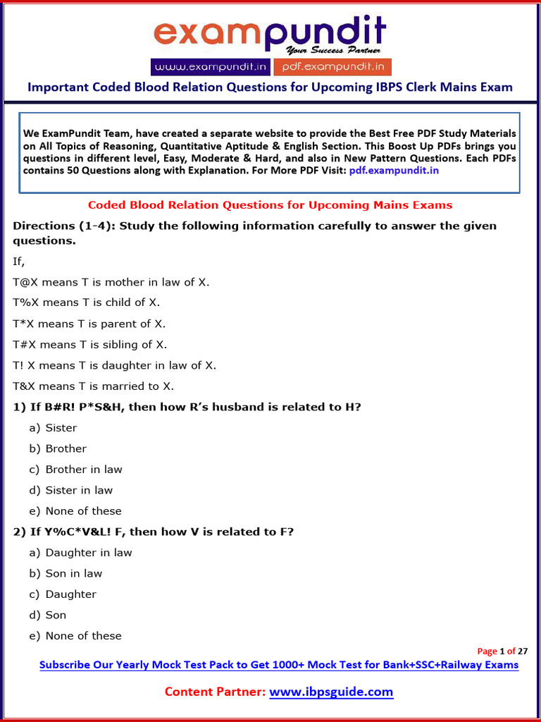 Coded Blood Relation Questions for IBPS Exam | PDF | Business