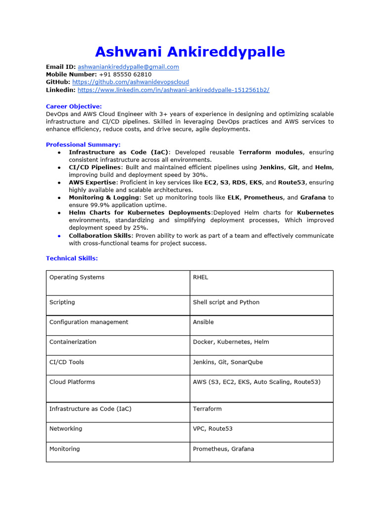 Ashwani Ankireddypalle DevOps Resume-1 | PDF | Information Technology Management | Software ...